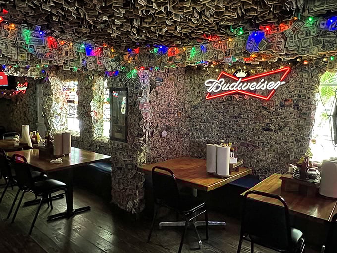 Where money literally grows on walls! Thousands of dollar bills create a green-tinted atmosphere that's equal parts quirky museum and cozy pub.