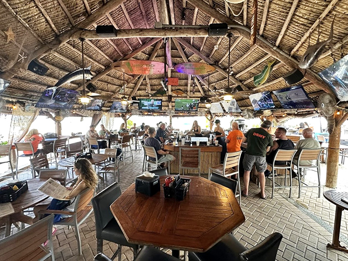 Inside, wooden beams and rustic charm create the perfect backdrop for an afternoon of relaxation and exceptional seafood.