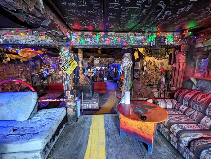 Every inch of wall and ceiling space serves as a canvas for decades of memorabilia, creating a living museum of beautiful chaos.