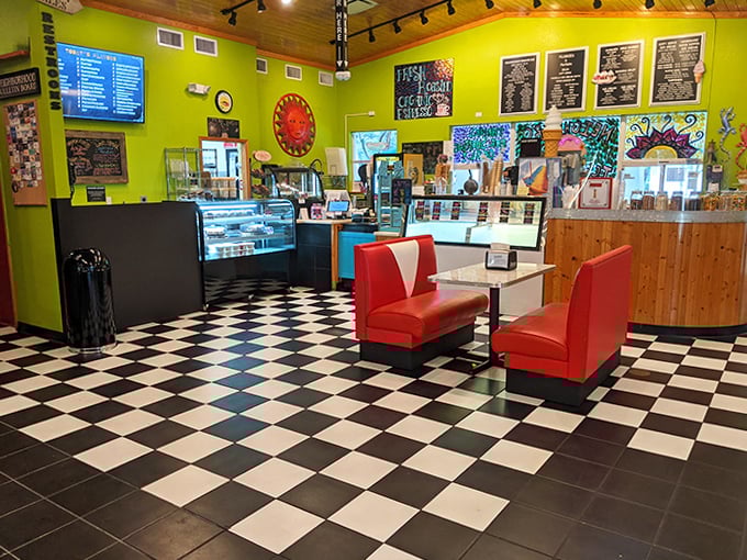 Step into a world where lime-green walls meet classic checkered floors and retro red booths &ndash; nostalgia never tasted so good.
