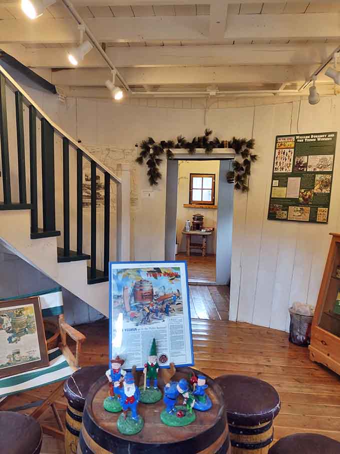 Inside, vintage comic strips and memorabilia create a cozy time capsule where curved walls somehow make everything feel more magical than claustrophobic.