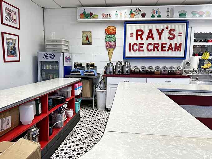 Inside Ray's, the vintage counter and classic signage transport you to a simpler time when calories didn't count and smartphones weren't interrupting dessert.