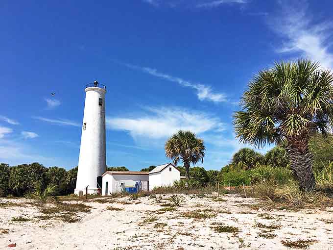 The historic lighthouse stands sentinel over Egmont Key, its whitewashed tower a beacon of maritime history since 1858.