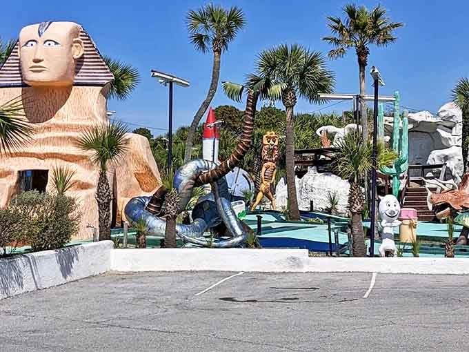 The parking area might be simple, but it's what awaits beyond that counts &ndash; a concrete menagerie of mini-golf madness just steps away.