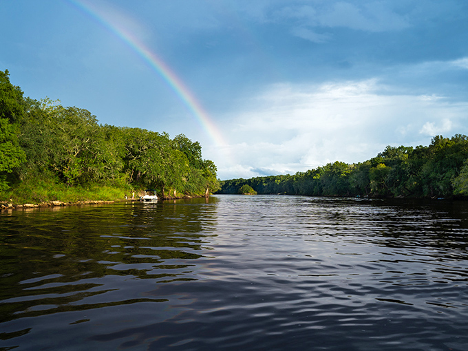 Mother Nature showing off with a rainbow over the Suwannee &ndash; as if the pristine waters and lush shoreline weren't impressive enough!