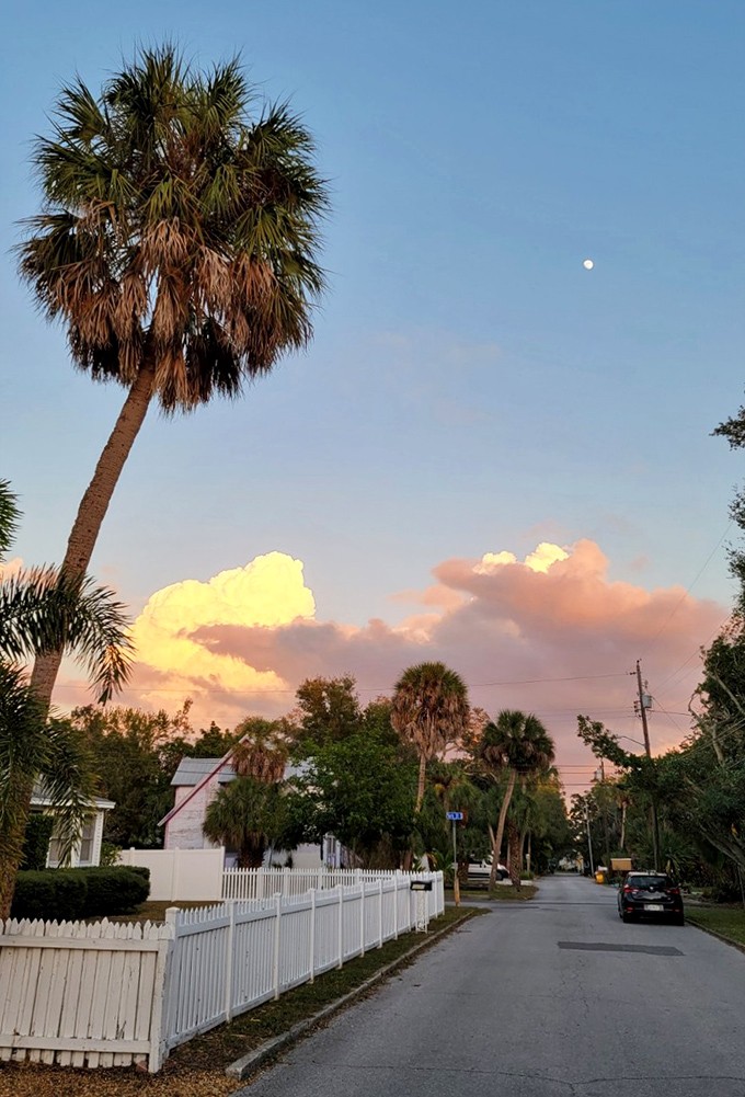 Sunset paints the sky as palm trees stand sentinel over Gulfport's quiet streets, where white picket fences frame charming cottages in this slice of old Florida.