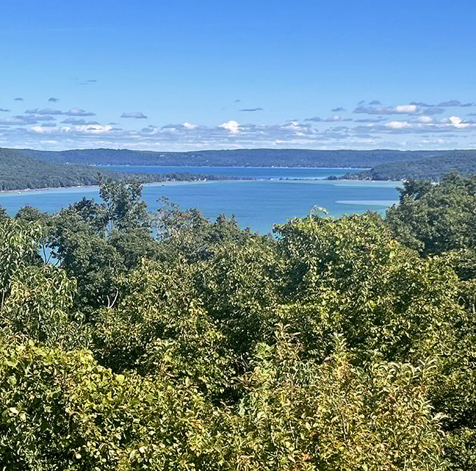 The view that launched a thousand Instagram posts &ndash; Glen Lake's turquoise waters nestled between forested hills.