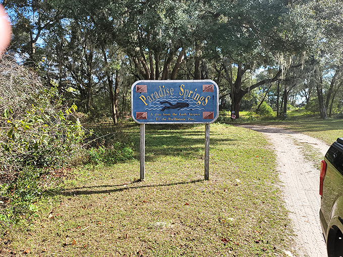 The unassuming entrance sign stands like a humble gatekeeper, never hinting at the underwater wonderland that awaits beyond.