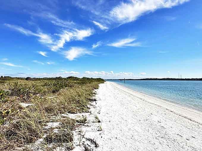 White sand stretches toward crystal waters under an impossibly blue sky &ndash; Shell Key's beaches remain blissfully free from footprints and development.