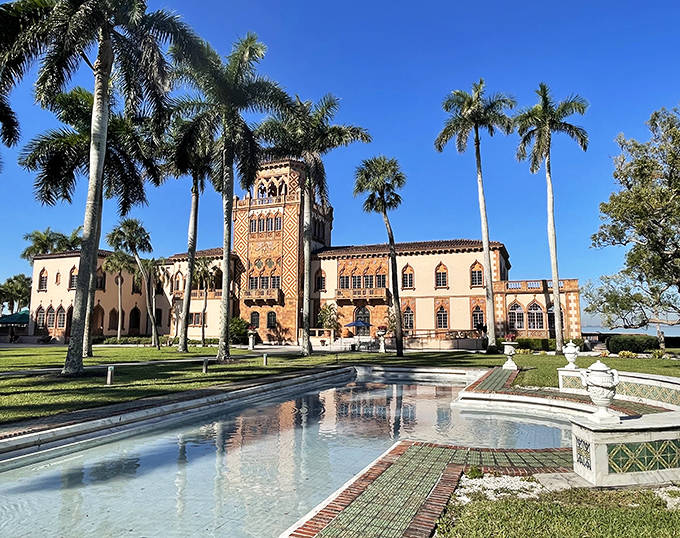 The tower and fountain create a scene straight out of a storybook on the museum grounds.