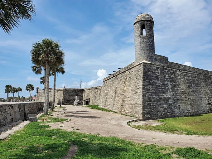 Castillo de San Marcos' watchtower stands sentinel against a perfect blue sky, surrounded by palm trees that whisper tales of Spanish conquistadors.