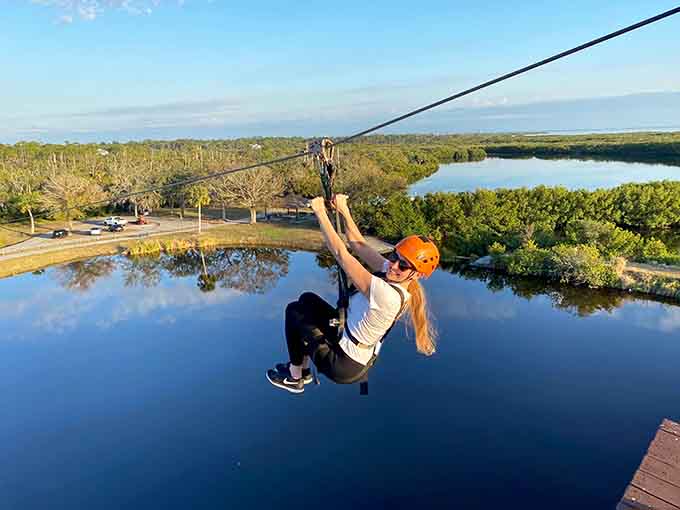 Gliding over coastal wetlands at sunset turns a simple zipline ride into a breathtaking Florida moment.