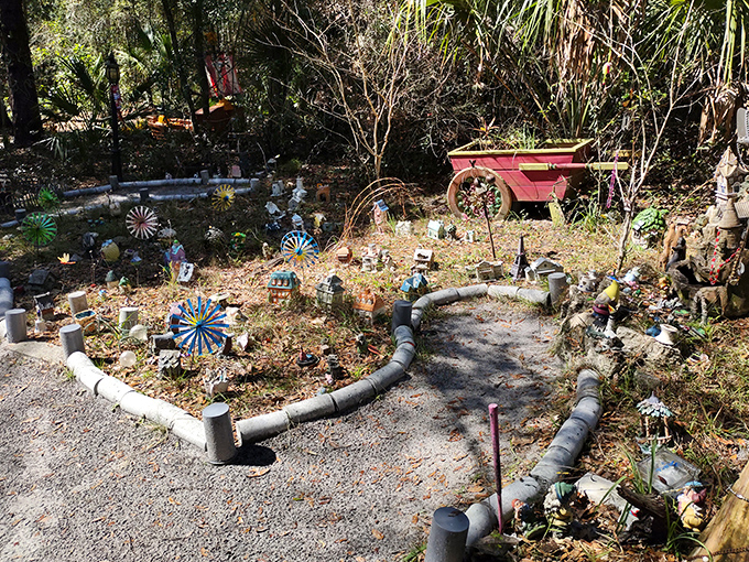 Horseshoe Park's Fairy Trail bursts with colorful miniature decorations, creating a magical wonderland where fantasy meets Florida's natural beauty.