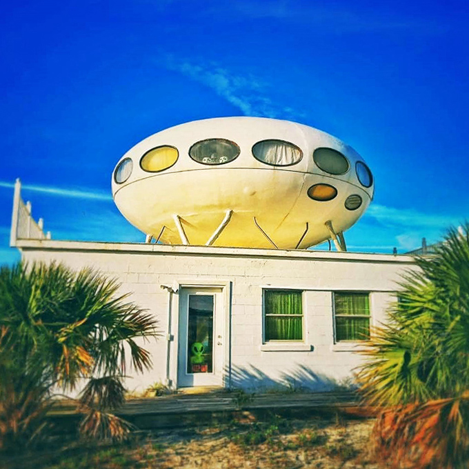 The Pensacola Futuro House looks ready for takeoff! This UFO-shaped dwelling perches atop a beach house like a sci-fi dream.