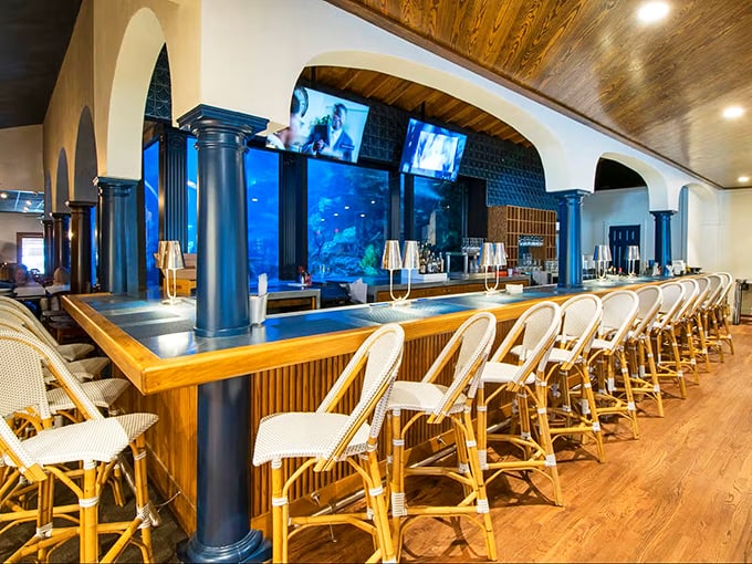 Saltwater Grill's elegant bar seating offers front-row views of their massive aquarium. Those white chairs pop beautifully against the blue underwater glow!