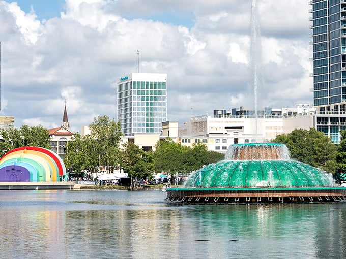 The Linton E. Allen Memorial Fountain stands proudly in Lake Eola, its distinctive shape becoming Orlando's unofficial emblem against the city skyline.