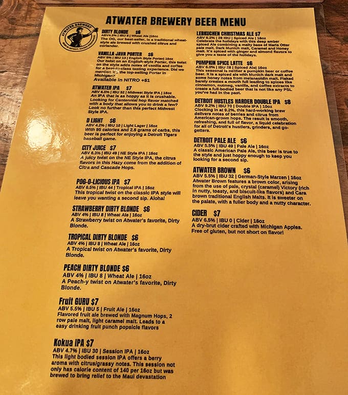 Atwater's beer menu reads like a love letter to Michigan brewing traditions, featuring everything from their famous Dirty Blonde to seasonal specialties.