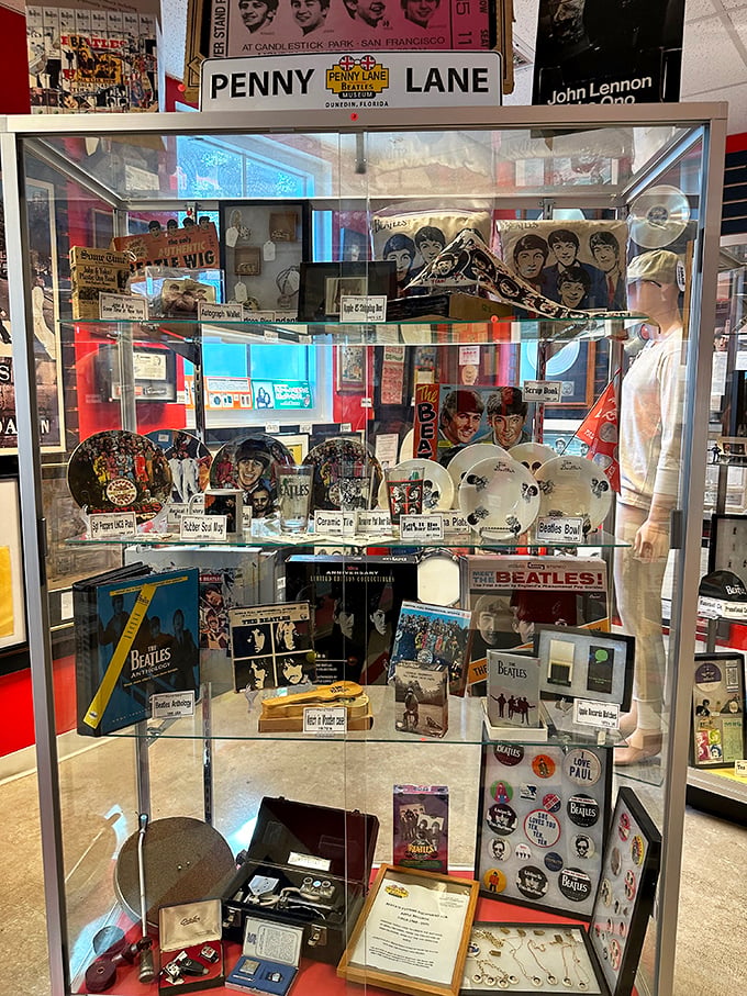 Display cases brimming with rare Beatles collectibles showcase everything from vintage albums to one-of-a-kind memorabilia that would make any fan swoon.