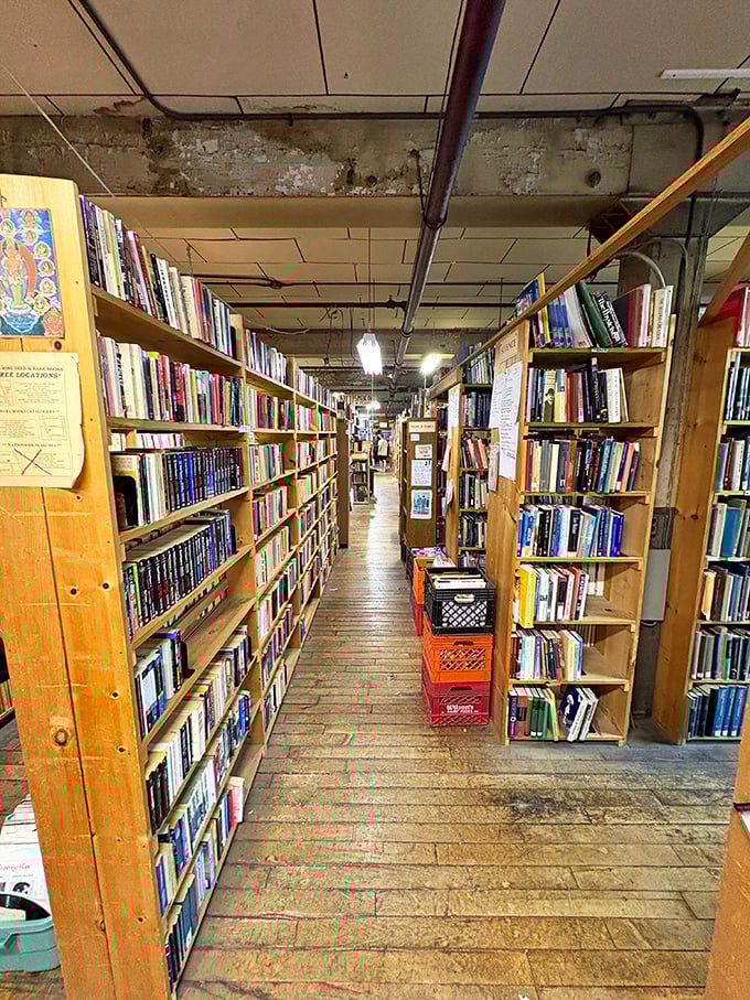 Each wooden shelf tells its own story, bearing the weight of countless worlds between covers while narrow pathways invite literary exploration.