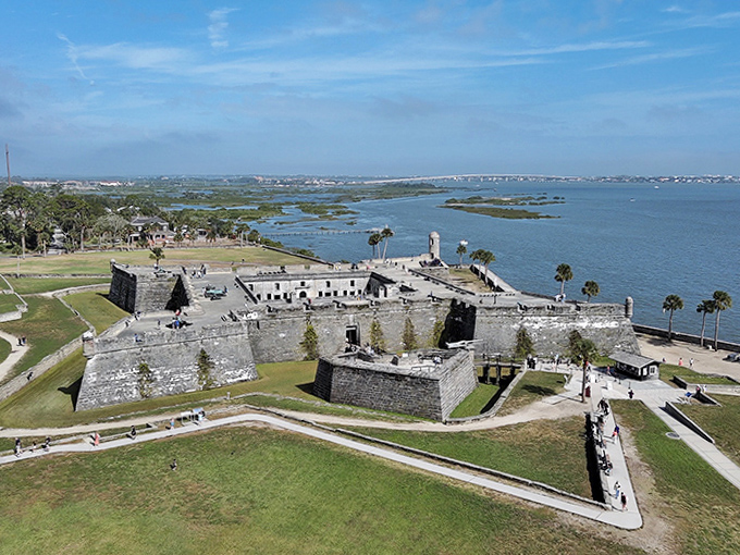 Castillo de San Marcos commands the bayfront with imposing coquina walls that have survived centuries of sieges, storms, and selfie-taking tourists.