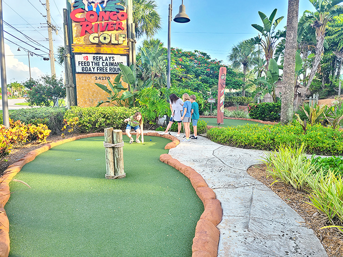 Young adventurers navigate the course with determination, proving that precision putting knows no age limit.