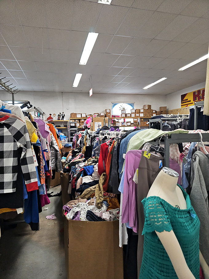 The clothing section resembles a textile jungle &ndash; racks upon colorful racks where vintage gems hide among everyday castoffs, waiting for the right explorer.