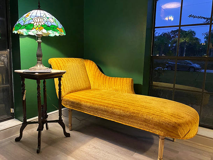 The mustard velvet fainting couch isn't just for show&mdash;it's perfect for dramatic swooning after encountering a particularly good ghost story.