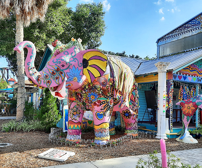 Not your average garden statue, this technicolor pachyderm stands like a floral fever dream come to life at SHAMc's entrance.