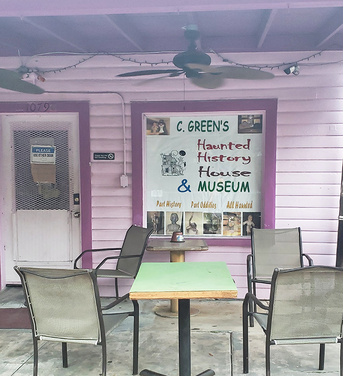 The entrance beckons visitors with its unassuming charm, while the sign above hints at the curious collection that lies beyond these doors.