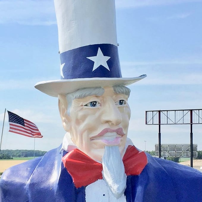The detailed facial features and classic top hat show impressive craftsmanship, giving this oversized patriot a surprisingly expressive countenance. 