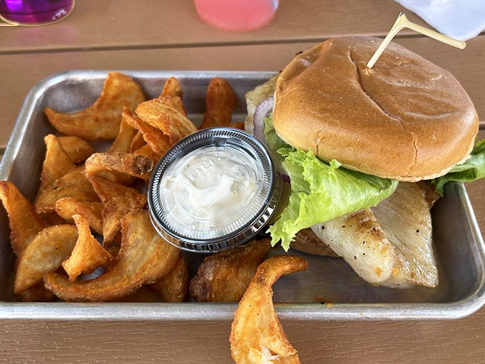 This isn't just lunch; it's therapy with a side of potato wedges. The grouper sandwich arrives fresh from the Atlantic below.