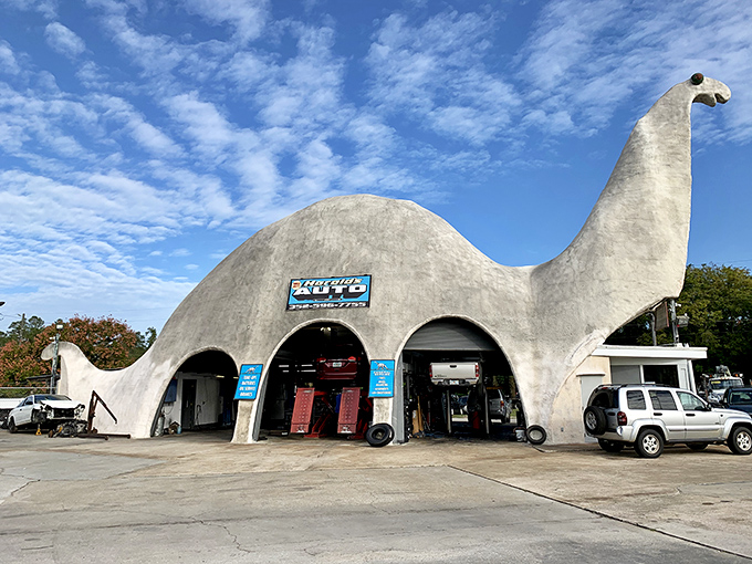 Three arched doorways welcome vehicles into the belly of this friendly beast, where modern repairs meet prehistoric charm.