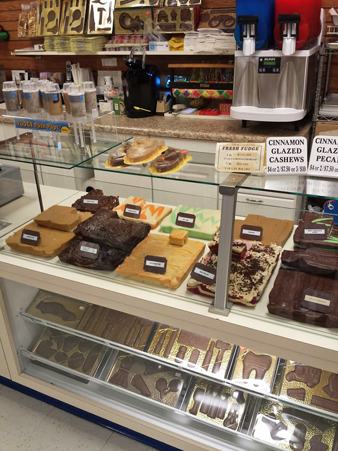 Squares of homemade fudge stand at attention like delicious soldiers, each one richer and more tempting than the last.