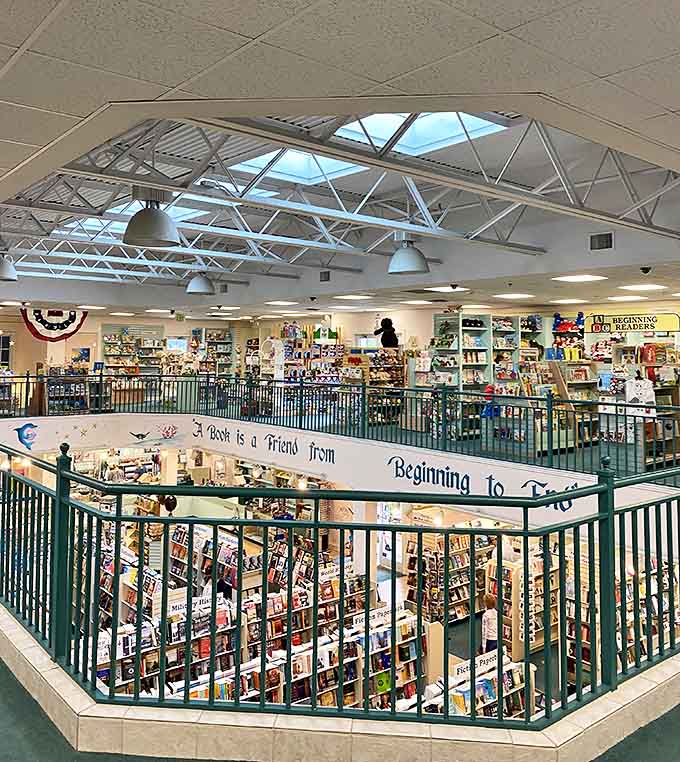 Natural light floods the second floor through skylights, creating an airy atmosphere where readers can lose themselves among thousands of titles.