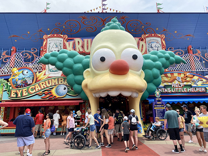 Krusty's wild-haired welcome to Springfield might be the most terrifying attraction at Universal &ndash; and that's before you've tried the food!