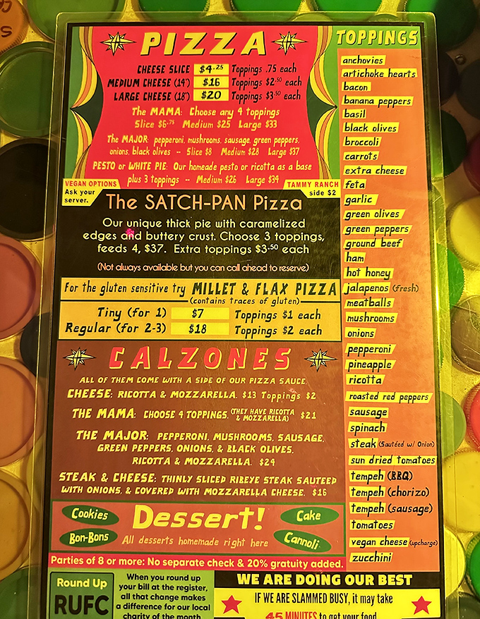 Pizza philosophy in vibrant technicolor! The legendary Satch-Pan gets star billing with its caramelized edges and buttery crust that locals dream about.