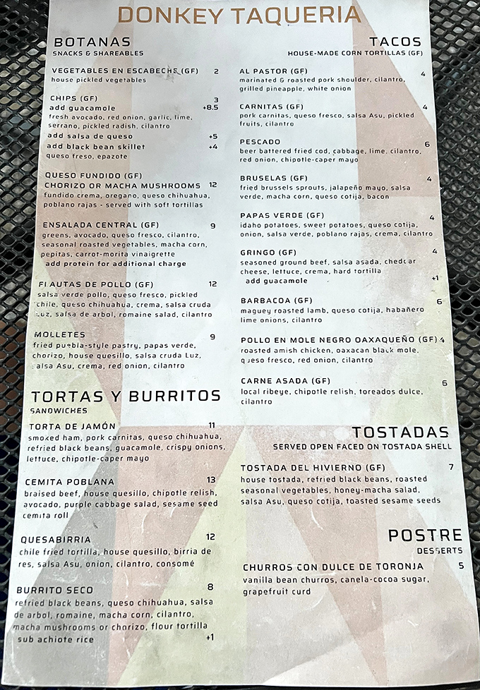 The menu reads like a love letter to Mexican street food, with each description promising a flavor journey worth taking.