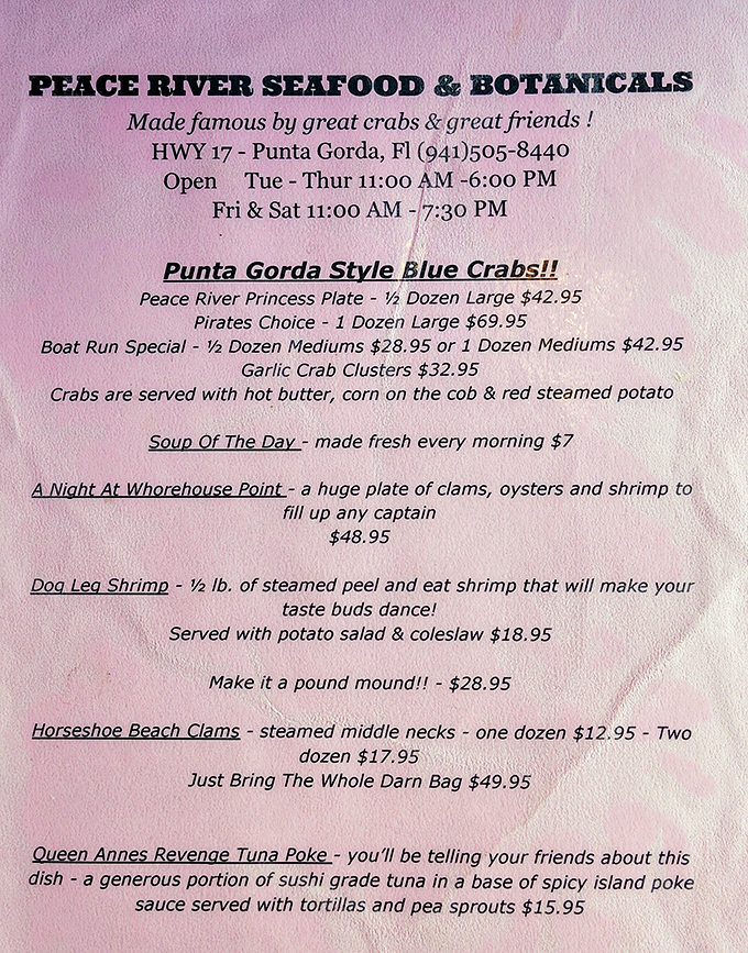 This isn't just a menu &ndash; it's a treasure map where X marks the spot for "Punta Gorda Style Blue Crabs" and "A Night At Whorehouse Point."