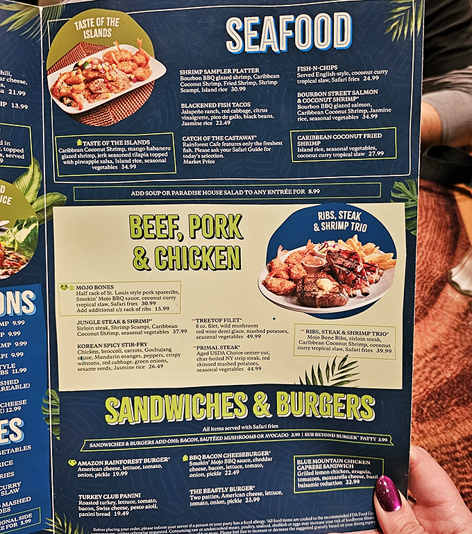 The menu reads like a culinary expedition map, offering everything from tropical seafood to comfort food with exotic twists.