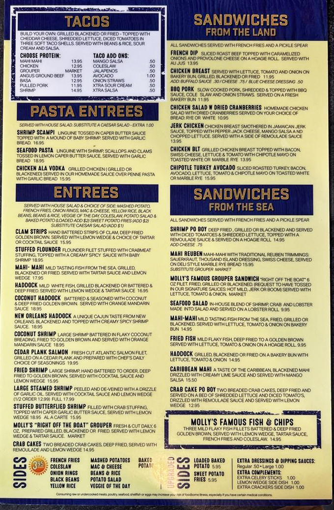 A treasure map of oceanic delights, this menu doesn't just list food&mdash;it promises maritime adventures for your taste buds, from tacos to pasta entrees.