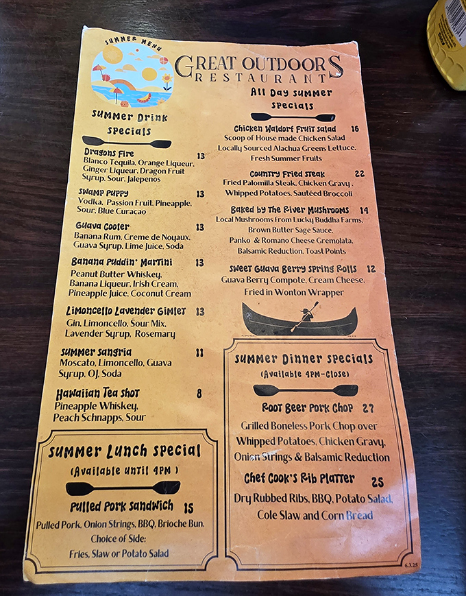 Summer specials tempt with seasonal delights like Dragon Fire cocktails and Chicken Waldorf Fruit Salad – each dish a celebration of Florida's bounty.