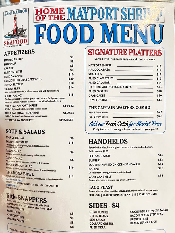 The legendary Mayport shrimp headline this seafood playbill, with supporting roles from oysters, scallops, and the catch of the day.