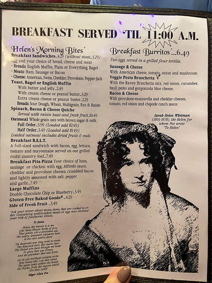 A menu that would make Edgar Allan Poe himself salivate &ndash; "Helen's Morning Rites" breakfast options prove literary references taste better with eggs.