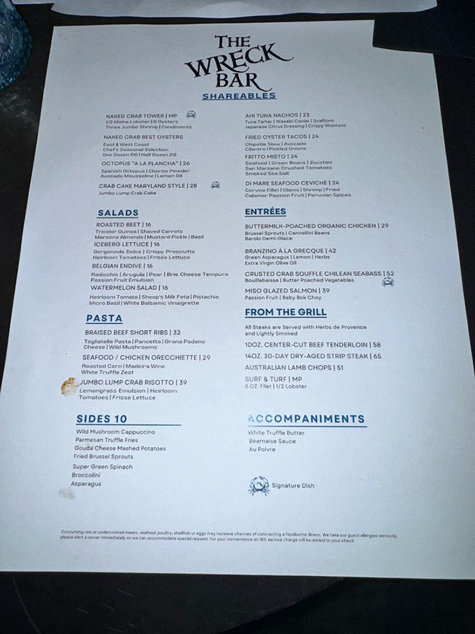 Menu: A treasure map of culinary delights awaits, from naked crab towers to truffle-kissed pasta &ndash; each dish promising its own delicious adventure.