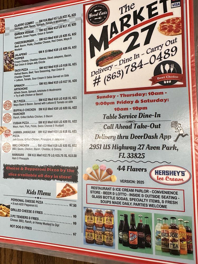 The menu board showcases Market 27's impressive range, from pizza to wraps to ice cream, proving that sometimes more really is more.
