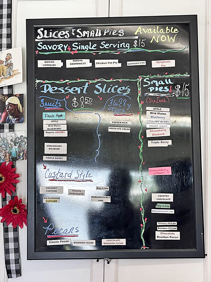 The chalkboard menu reads like a pie lover's dream journal &ndash; from savory quiches to sweet fruit pies and decadent pecan creations.