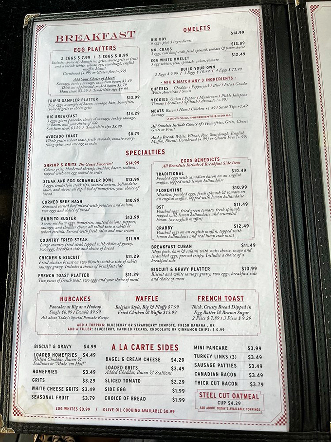 The breakfast menu at Trip's reads like a love letter to morning indulgence – from egg platters to benedicts and those famous hurcakes.