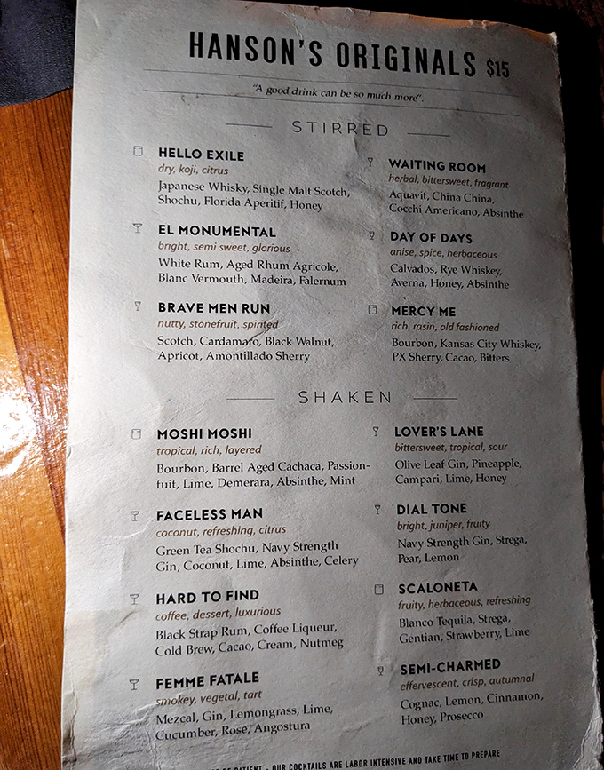 Menu: "A good drink can be so much more" promises the menu, showcasing concoctions like "Hello Exile" and "Brave Men Run" &ndash; liquid poetry awaiting discovery.