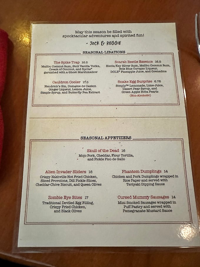 These aren't just cocktails&mdash;they're liquid expeditions with names like "Spike Trap" and "Scarab Beetle Essence." Adventure by the sip!