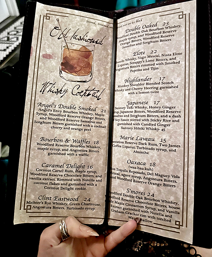 Not your average cocktail list! Each libation tells its own story, from the "Old Fashioned" whisky cocktail to the dessert-worthy "S'mores" concoction.